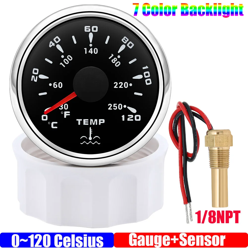 0~120℃ Water Temperature Gauge+Sensor 7 Color Backlight Waterproof 2 ...