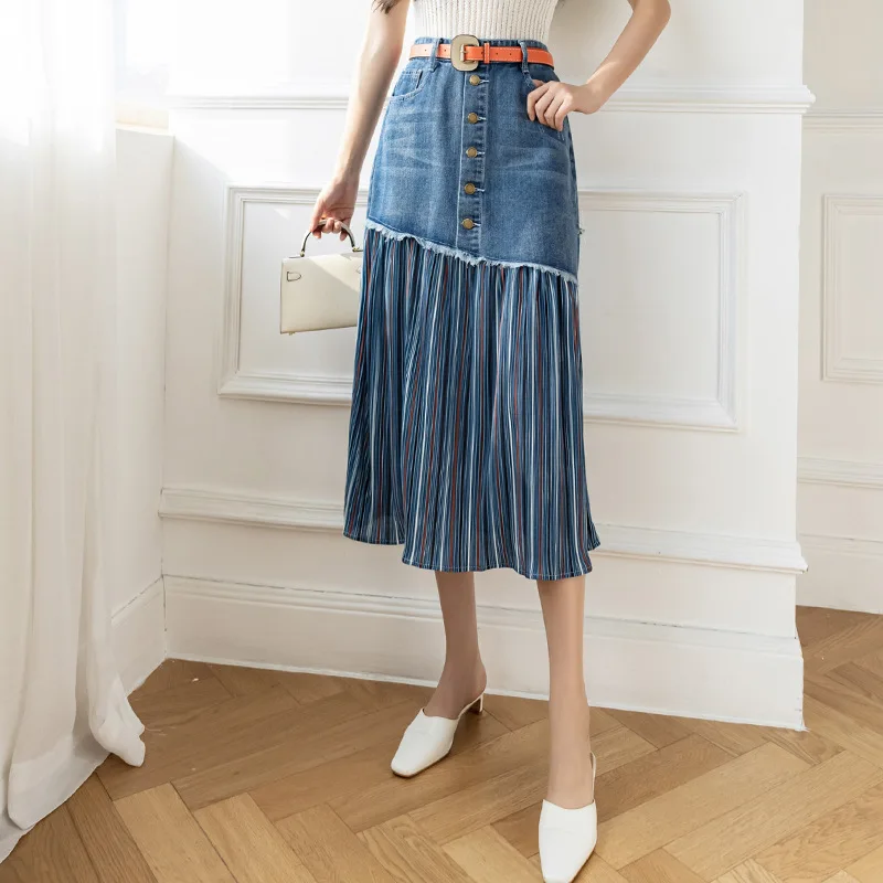 Denim Skirt Dress for Women A-line Front Botton Irregular Patchwork ...