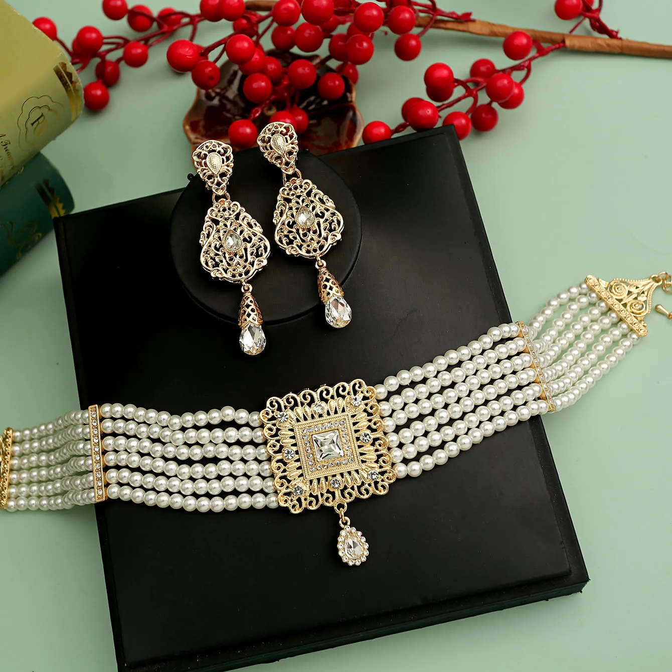 Handmade Preal Necklace Set Gold Plated Moroccan Chic Choker Necklace ...