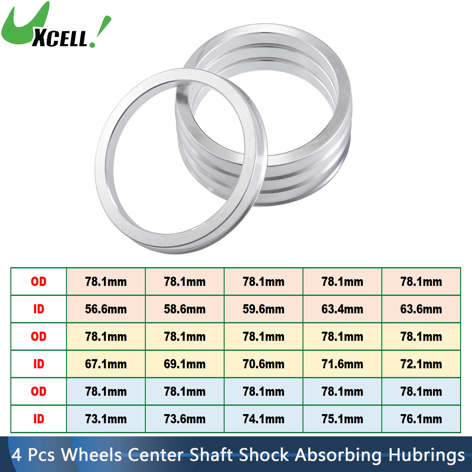 UXCELL 4pcs Car Wheel Hub Centric Rings OD 78.1mm to ID 56.6/58.6/63.4 ...