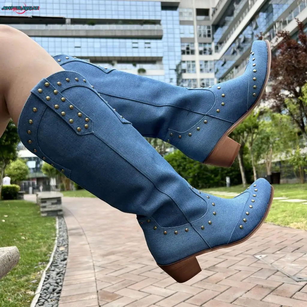 AOSPHIRAYLIAN-2023-Women-s-Blue-Denim-Mid-calf-Western-Cowboy-Boots ...