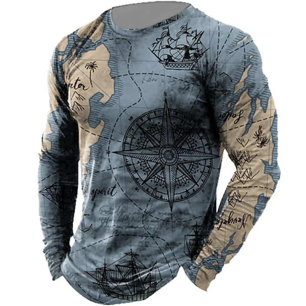 Vintage-Print-Long-Sleeve-T-shirt-3d-T-Shirt-Compass-Long-Sleeve-Casual ...