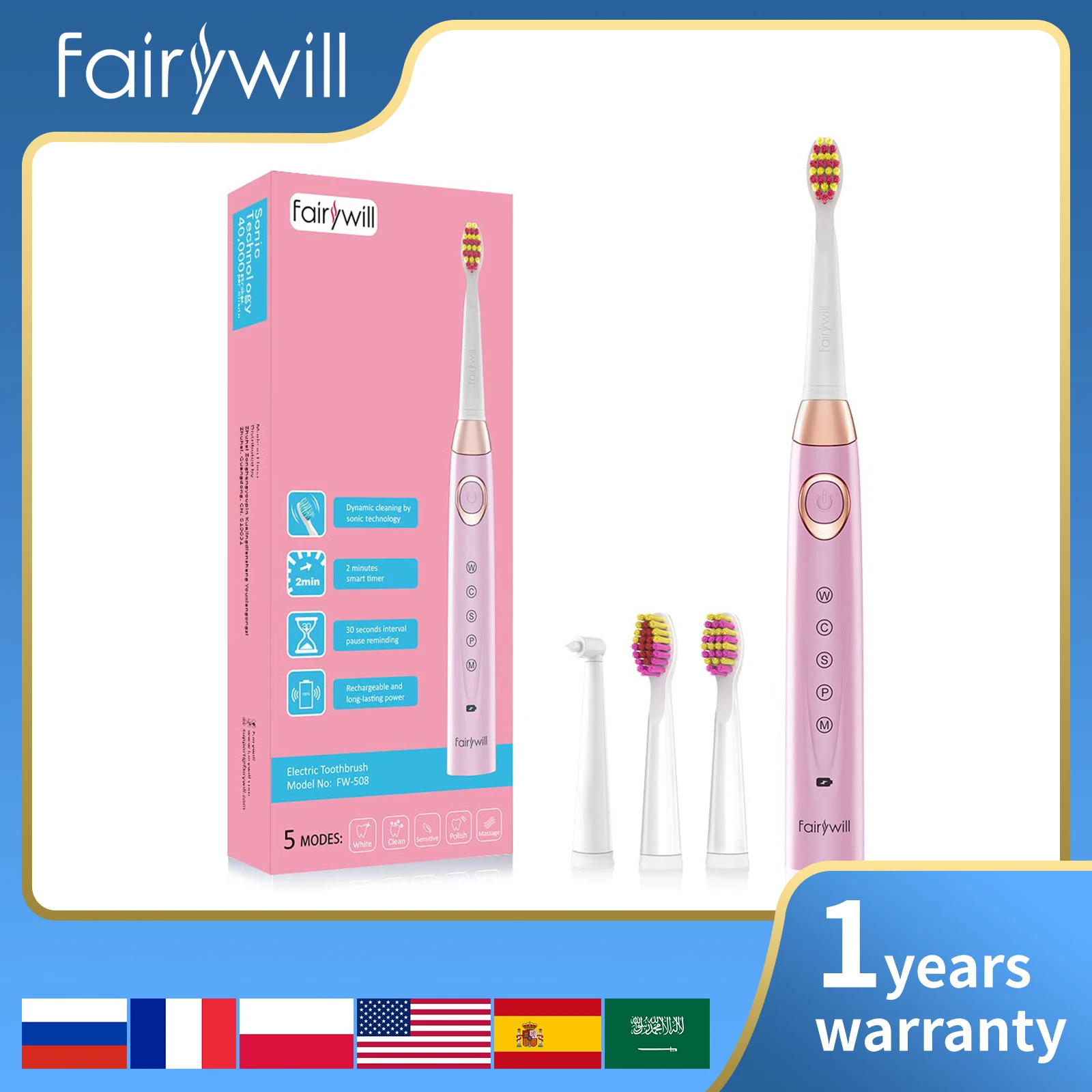 Fairywill-Electric-Toothbrush-Waterproof-FW508-Sonic-Cleaning-USB ...