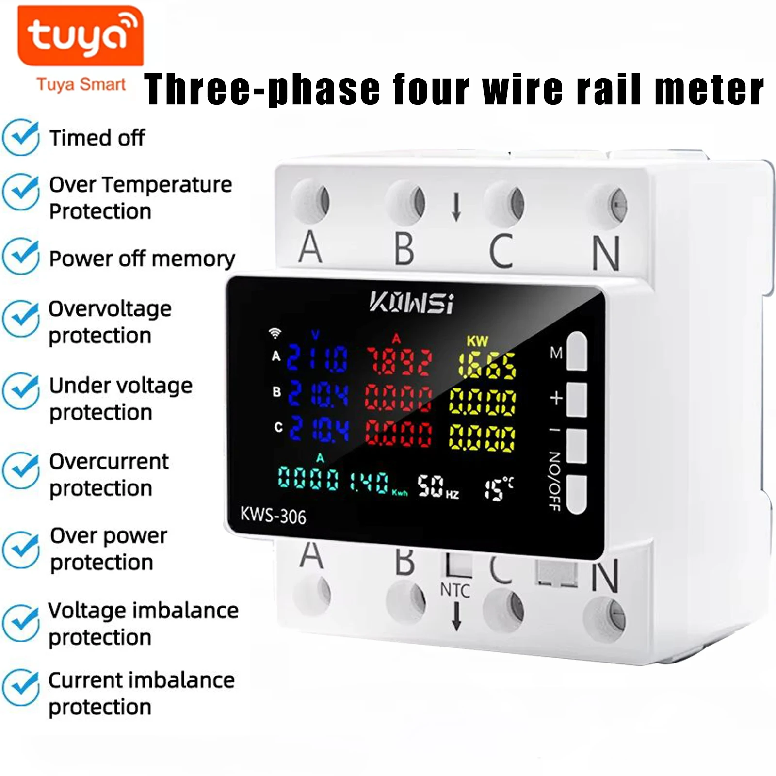 3 Phase 4 Wires Tuya WiFi Power Meter Over Under Voltage Protection ...