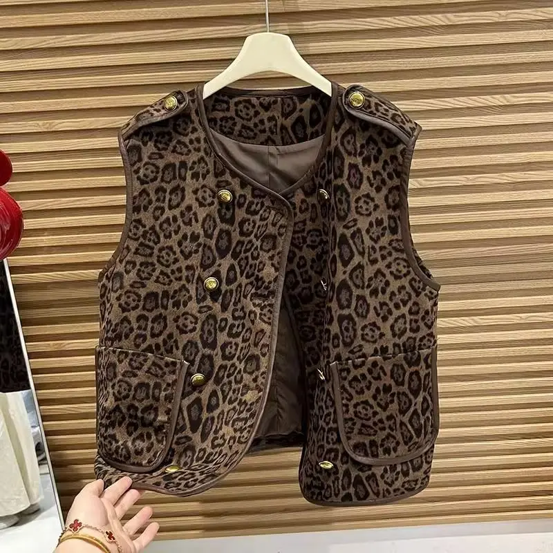 Double-Breasted Leopard-Print Vest Round Neck Coat Women's Autumn ...