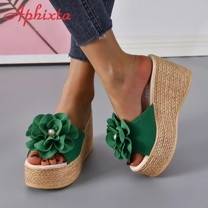 Aphixta Summer 9cm Wedge Heels Slippers Women Big Pearl Bead Flowers ...