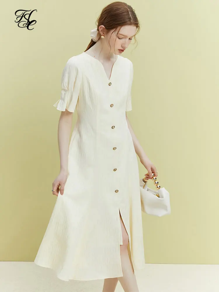 FSLE-Light-Yellow-Women-Dress-Summer-Long-Temperament-Dress-Single ...