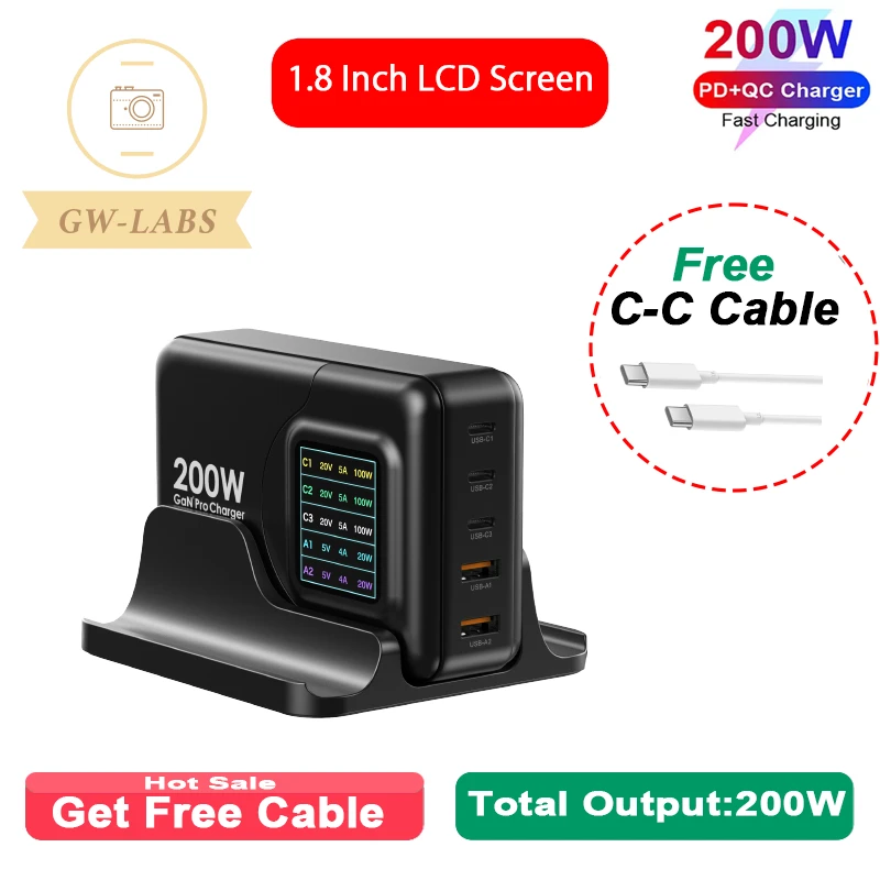 5-port 1.8 Inch IPS Screen 200W PD 3.0 GaN Charger USB C PD 100W ...