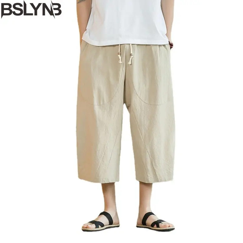 Linen-Baggy-Cropped-Pants-Beach-Japanese-Loose-Harem-Pants-Solid-Color ...