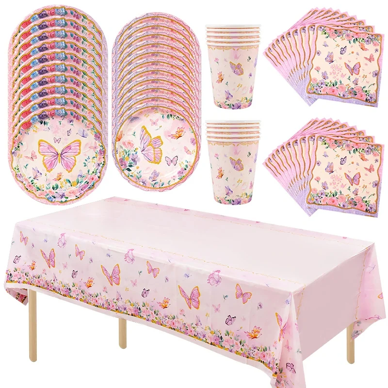 Butterfly Disposable Tableware Set Paper Plate Cup Napkins Pink ...
