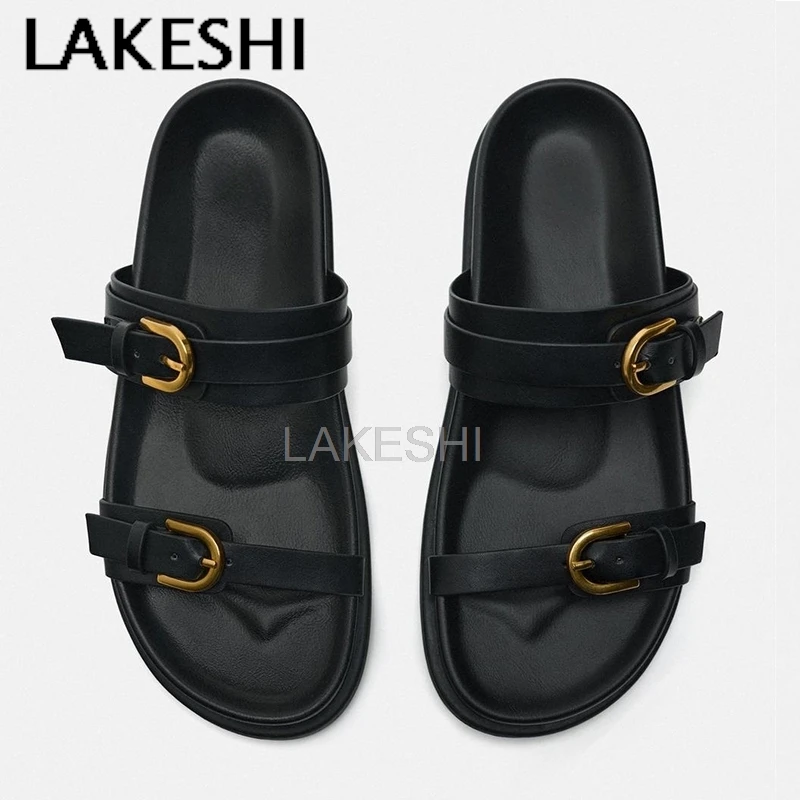 LAKESHI-Sandalias-planas-de-piel-sint-tica-para-mujer-chanclas-con ...