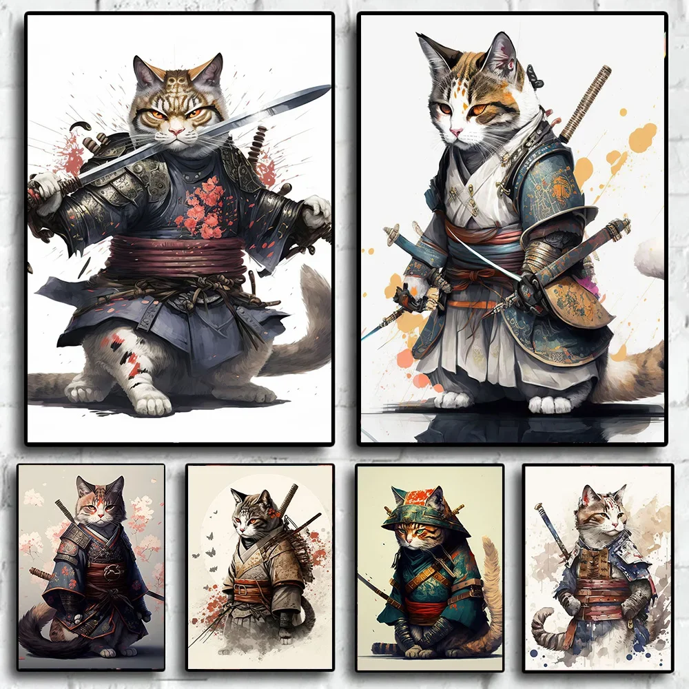 Japanese-Cat-Samurai-Funny-Art-Paintings-on-the-Wall-Art-Posters-and ...
