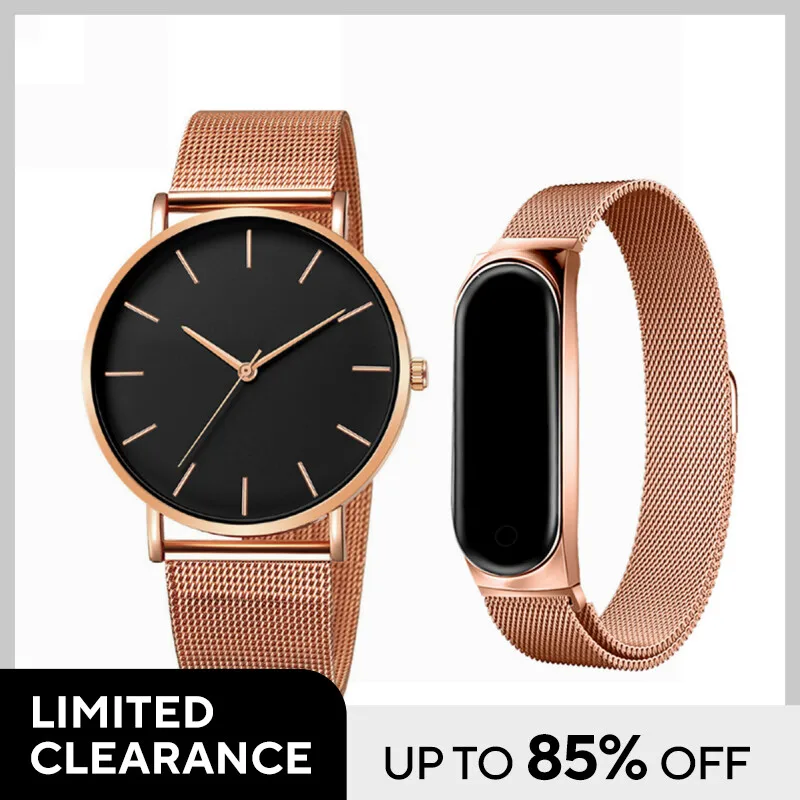 2Pcs-Men-And-Women-Casual-Fashion-Scale-Rose-Gold-Mesh-With-Quartz ...