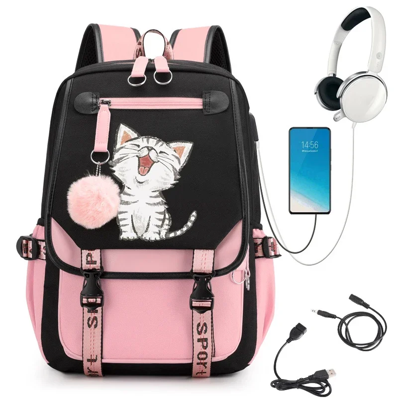 Travel-Backpack-Kawaii-Cat-Print-Backpacks-Schoolbag-USB-Charging-Large ...