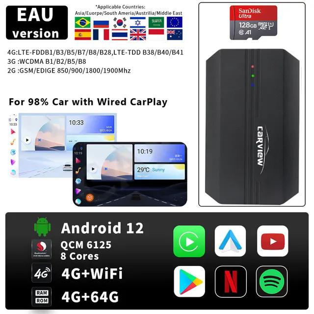 CARVIEW Wireless CarPlay Android Auto CarPlay Ai Box Mini Android 12 8+128GB QCM 8-Core 665 6125 ...