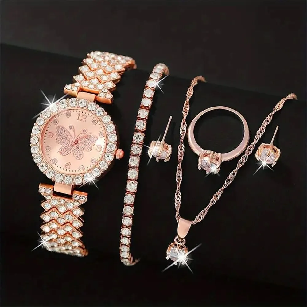 6pcs-Jewelry-Set-Rose-Gold-Luxury-Watch-Women-Ring-Necklace-Earring ...