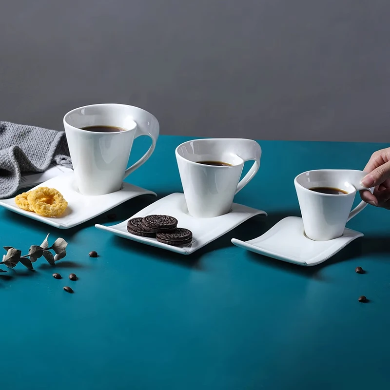European Wave Porcelain Coffee Cup and Saucer Set White Ceramic Coffee ...