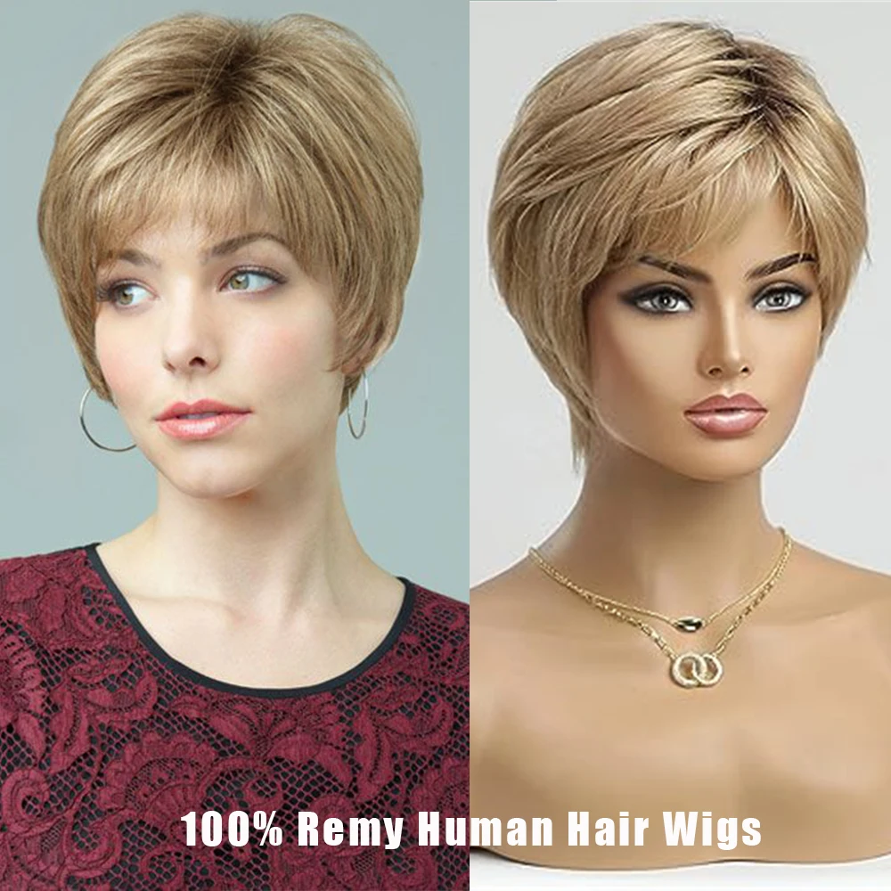 Blonde Human Hair Wigs Dark Root Short Pixie Cut Bob Wigs Machine Made ...