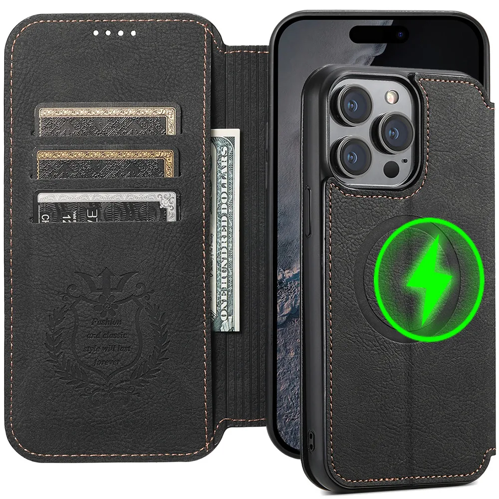 Wireless-Charging-Magnetic-Leather-Wallet-Phone-Cover-for-iPhone-15-14 ...