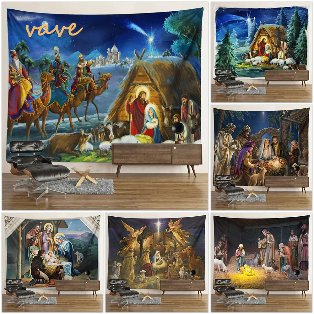 Nativity Tapestry Jesus Birth Manger Barn Wall Hanging Angel Easter ...