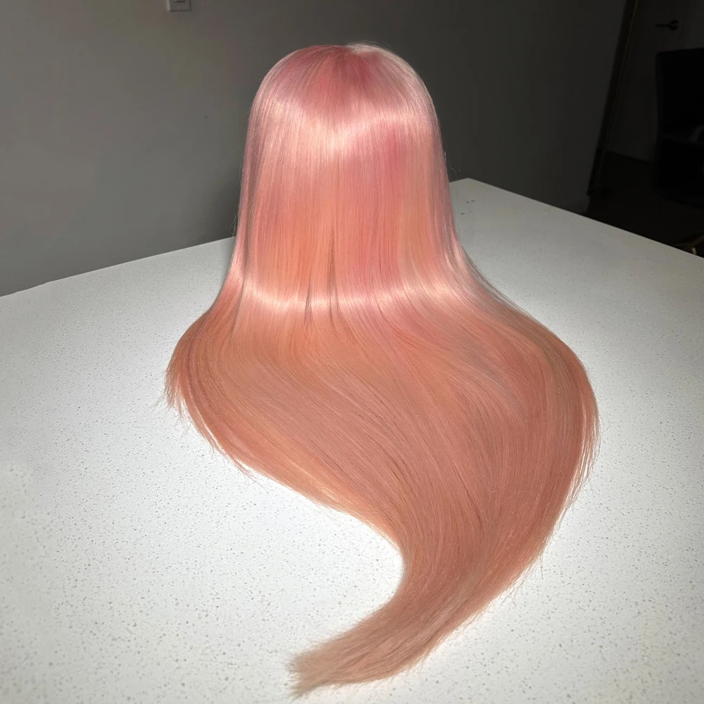 Human Hair Blended Light Pink Wigs Soft Silky Straight Lace Front Wig ...
