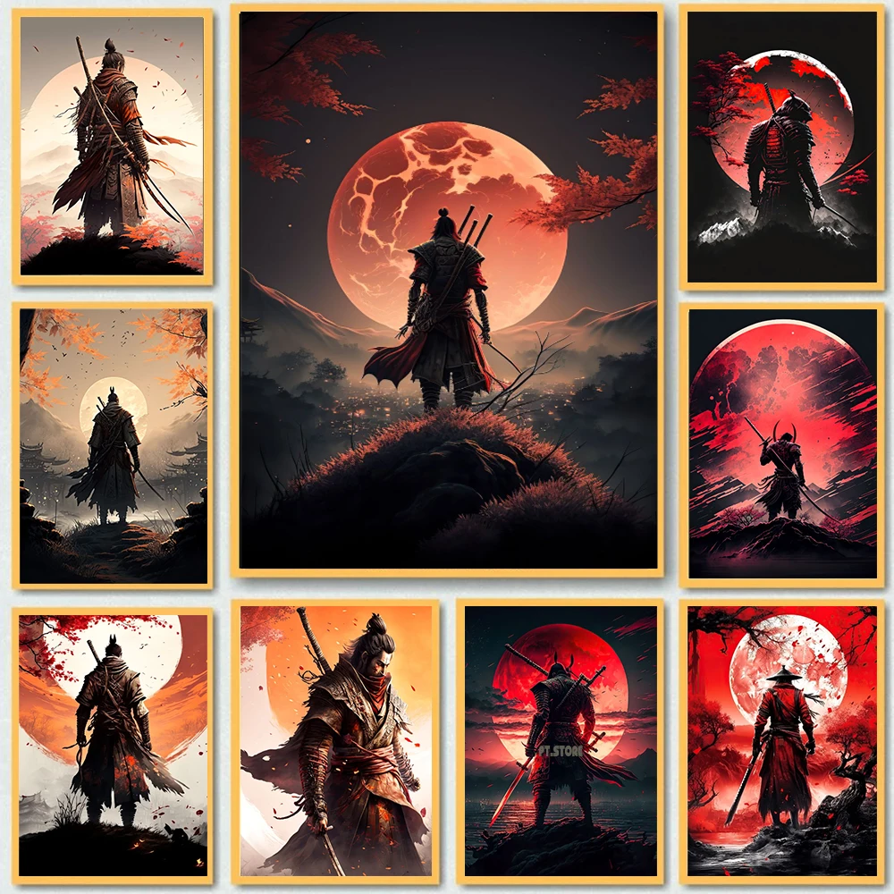 Japanese-Black-Samurai-Sakura-Warrior-Figures-Sunset-Art-Painting-Wall ...