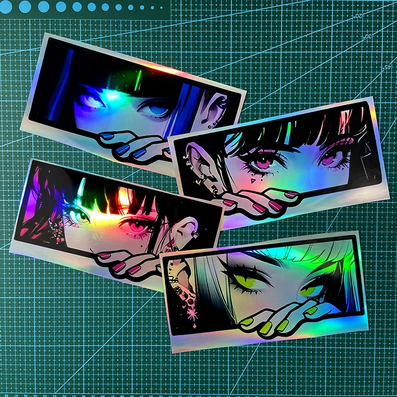 Reflective Laser Anime Peeking Eyes JDM Motorcycle Stickers Waterproof ...