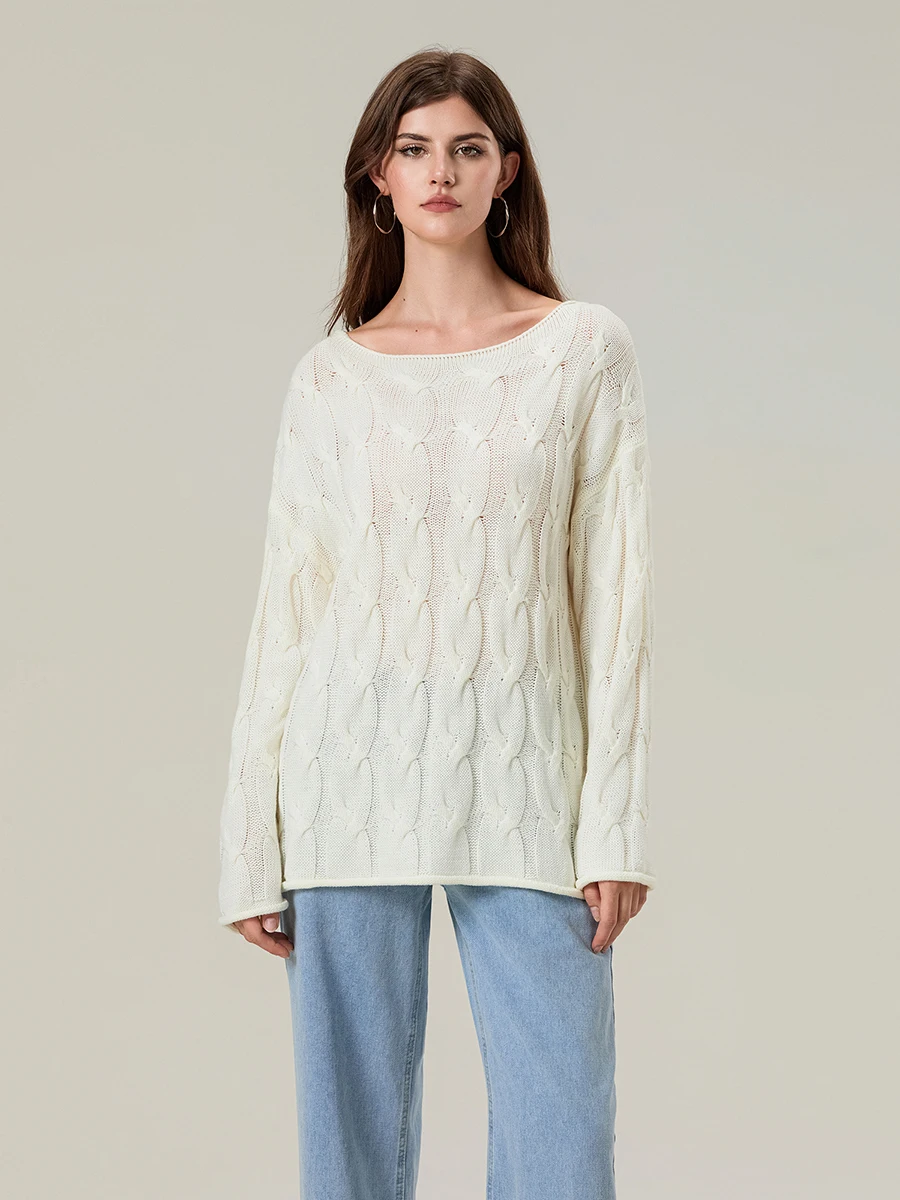 New-Fashion-Women-Cable-Knitted-Sweaters-Hollow-Long-Sleeve-Scoop-Neck ...
