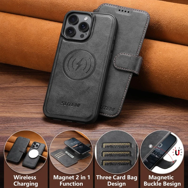2 in 1 Detachable Wireless Charging Magnetic Leather Wallet Phone Cover ...