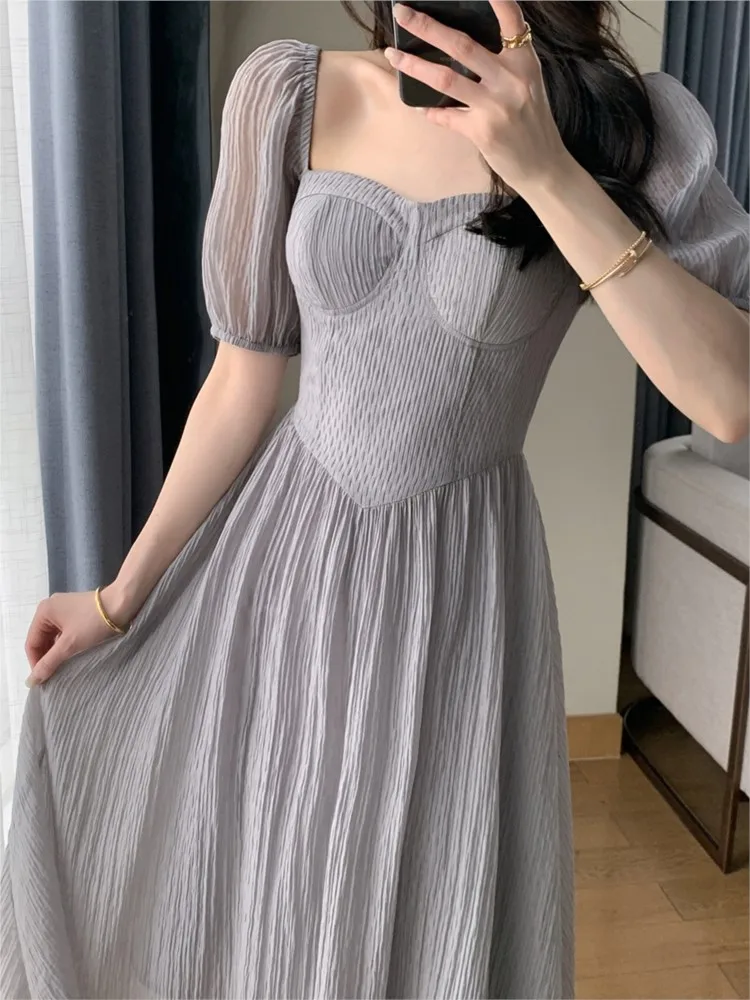 Yaz-rahat-kore-moda-kare-yaka-k-sa-kollu-parti-elbise-kad-nlar-zarif ...