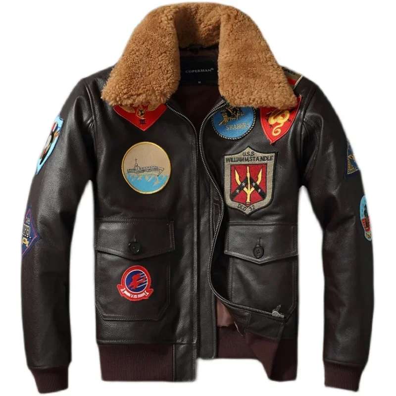 Top-G1-Genuine-Cowhide-Men-Leather-Jacket-Detachable-Fur-Collar-Flight ...