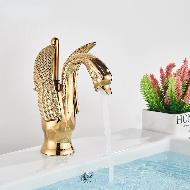 Luxury-Golden-Swan-Shape-Brass-Bathroom-Basin-Sink-Faucet-Hot-Cold ...