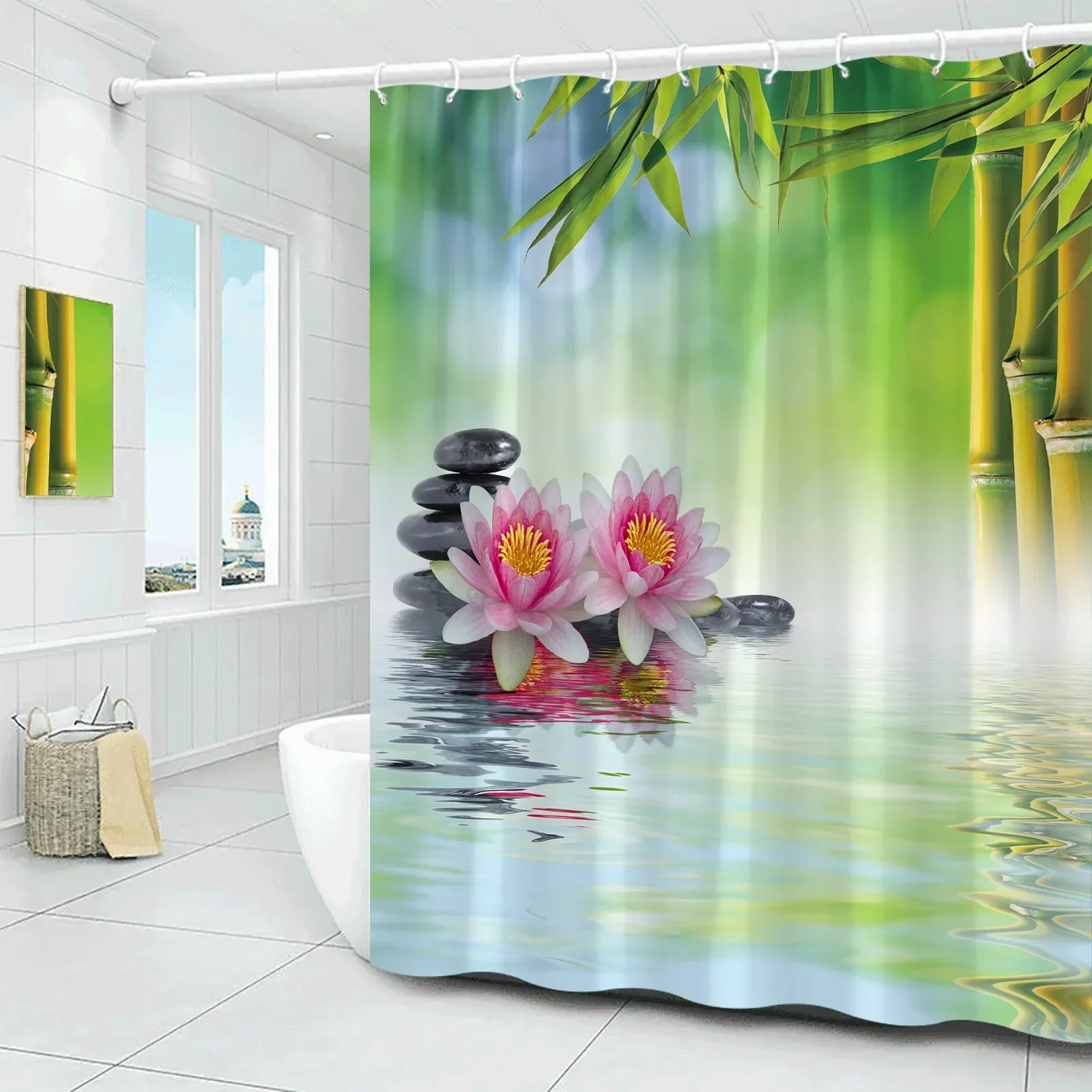 Pink-Lotus-Zen-Shower-Curtains-Black-Stone-Green-Bamboo-Garden-Scenery ...