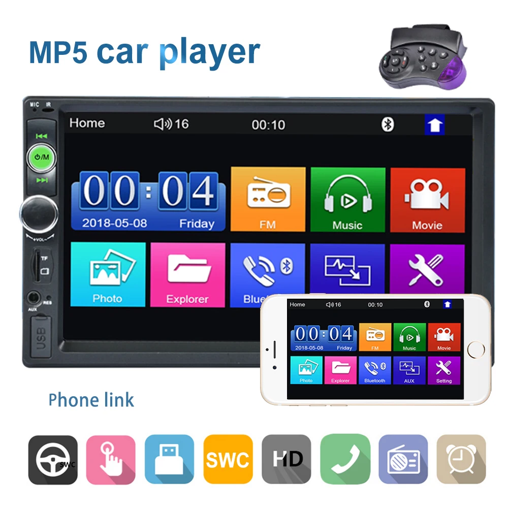 Reakosound 2 din estéreo do carro bluetooth autoradio 7 "espelho da tela de toque link player de ...