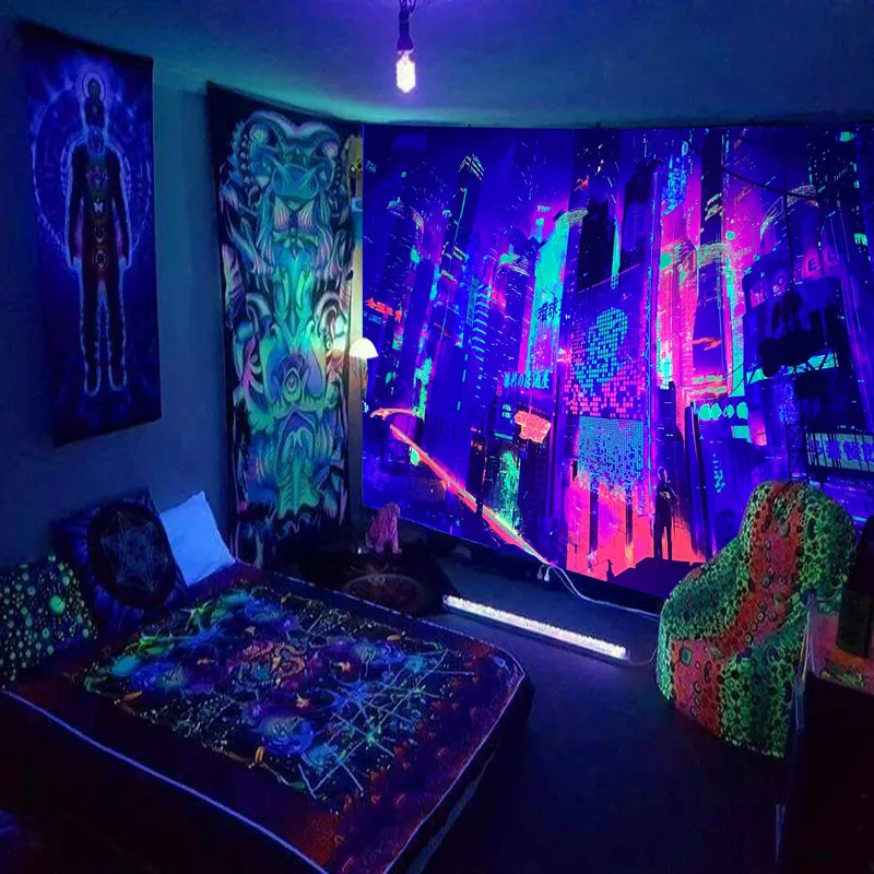 Black Light Tapestry Wall Hanging UV Reactive Psychedelic World Hippie ...