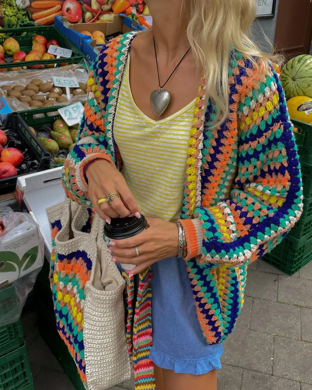 Colorful Crochet Striped Knit Cardigans Women Sweater Fall Vintage Loo ...