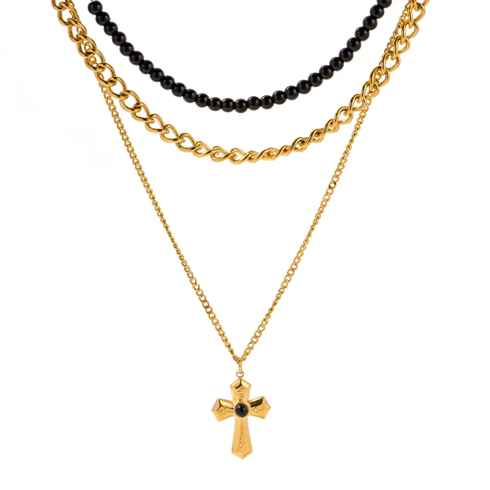 18K-Gold-Plated-Necklace-Stainless-Steel-Agate-Three-Layer-Cross ...