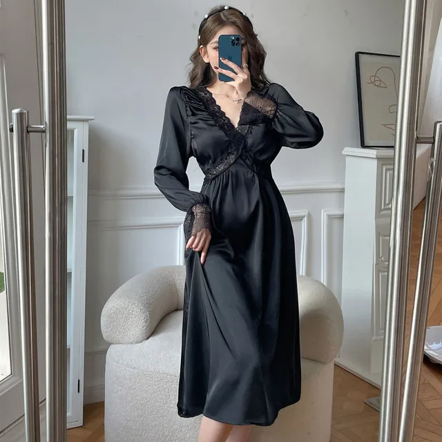 French Style Women's Ice Silk Nightgown Spring Lace Trim V-neck Long ...