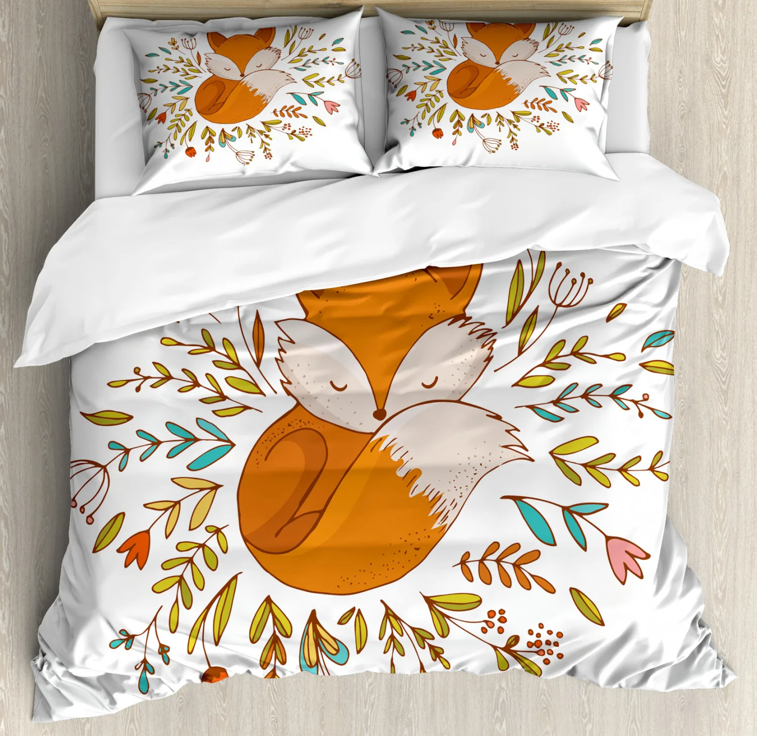 Cartoon-Fox-Duvet-Cover-King-Size-Baby-Fox-Sleeping-In-A-Floral-Circle ...