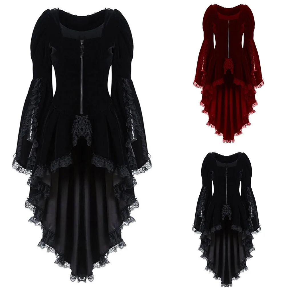 Women-Gothic-Long-Sleeve-Cross-Irregular-Velvet-Tuxedo-Dresses-Lace-Hem ...