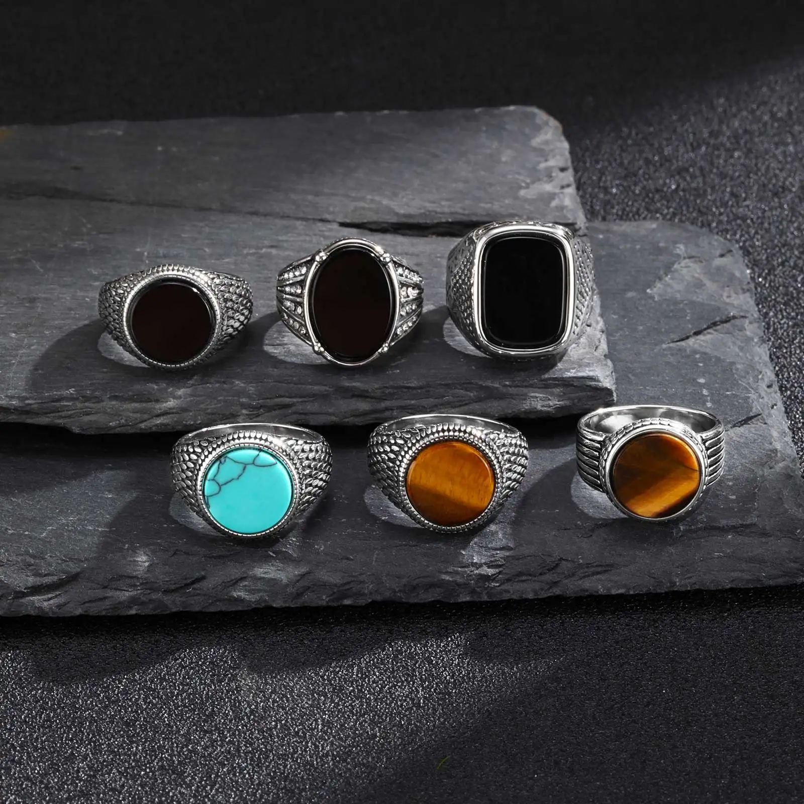 Geometric Turquoise Tiger Eyes Natural Stone Ring for Men, Chunky ...