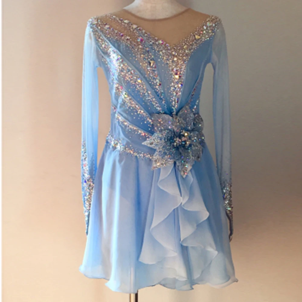 Figure-Skating-Dress-Blue-Round-Neck-Girl-Three-dimensional-Diamond ...