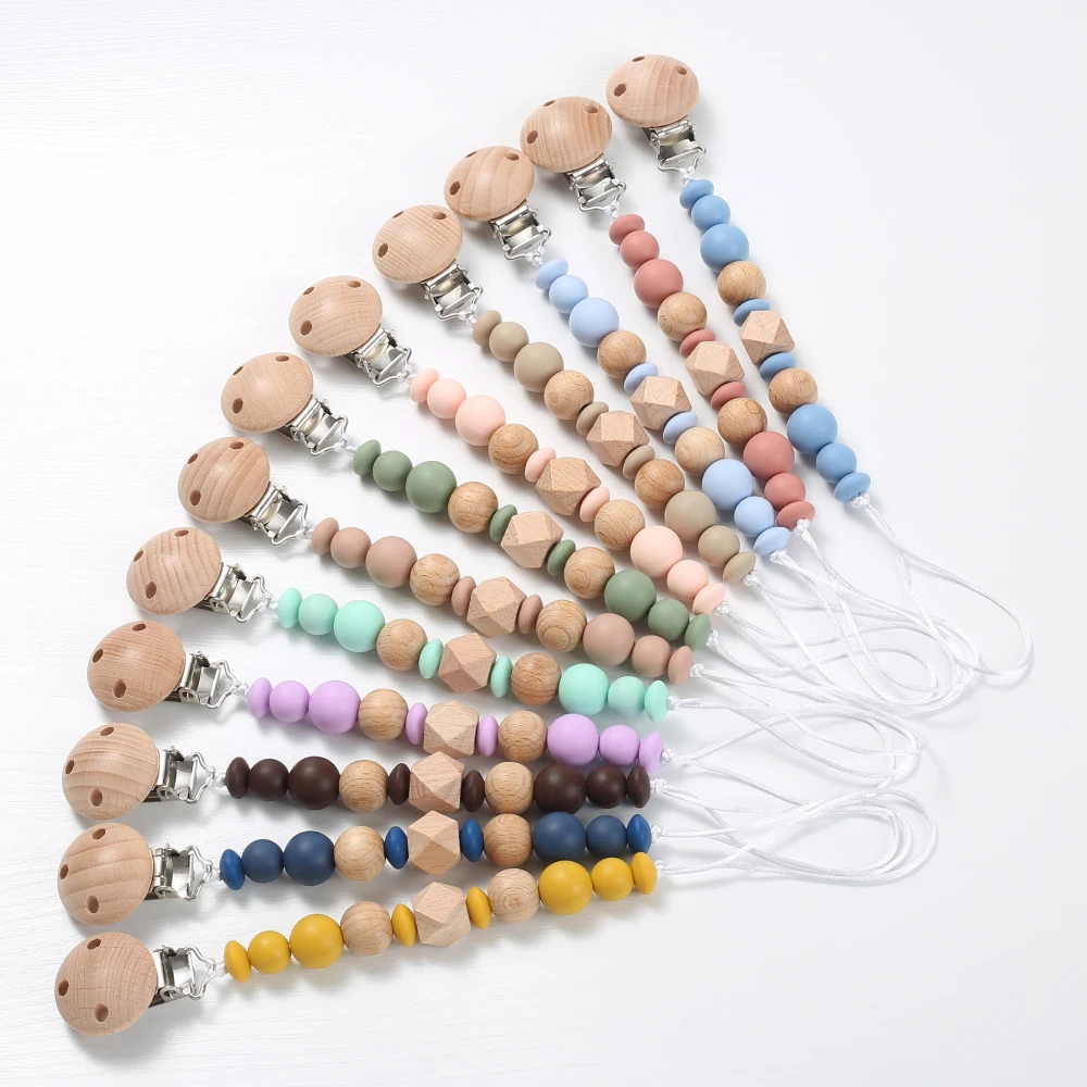 New-Baby-Pacifier-Chain-Clips-Wood-Silicone-Round-Octagonal-Beads ...