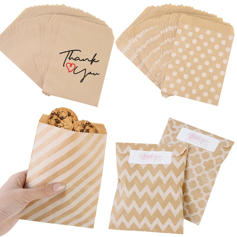 25/50Pcs Kraft Paper Candy Cookie Bag Thank You Wedding Gift Packaging ...