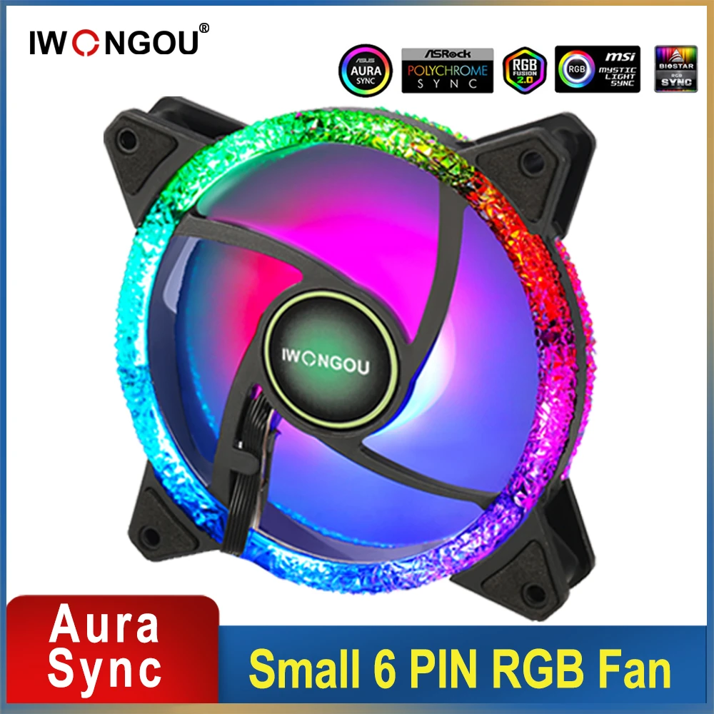IWONGOU Argb Fan 120mm 6 Pack 6pin PWM Double Halo Cooler Fan 120mm Rgb Aura Sync Silent Fan Rgb ...