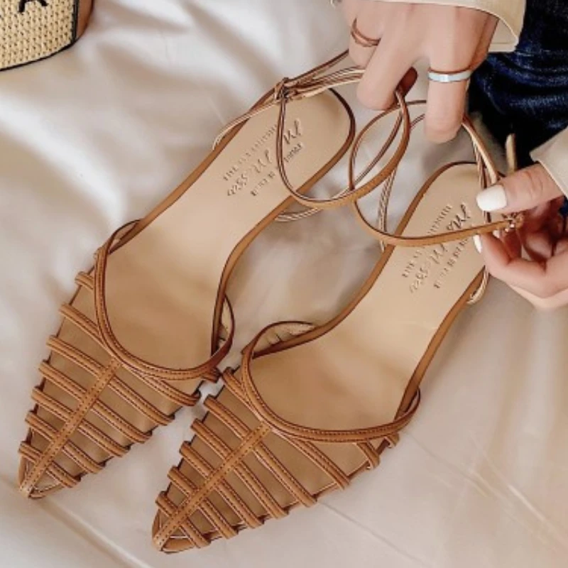 Women-Retro-Pointed-Sandals-Rome-Handmade-Hollow-Solid-Color-Thick-Heel ...