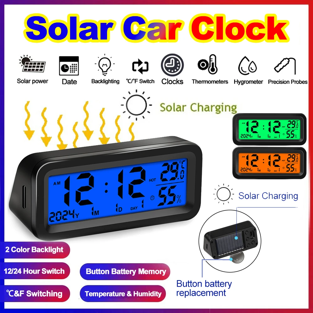 Solar-Car-Clocks-Dashboard-Thermometer-Automotive-Electronic-Watch-Led ...