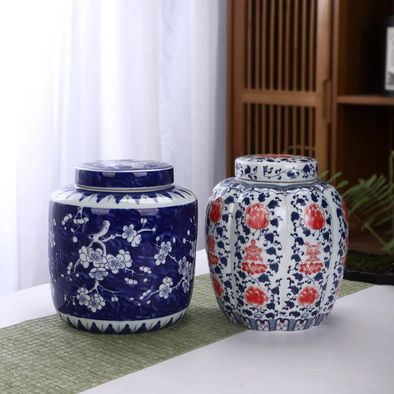 Blue-and-White-Porcelain-Tea-Pot-Ceramic-Sealed-Storage-Tank-Retro-Plum ...