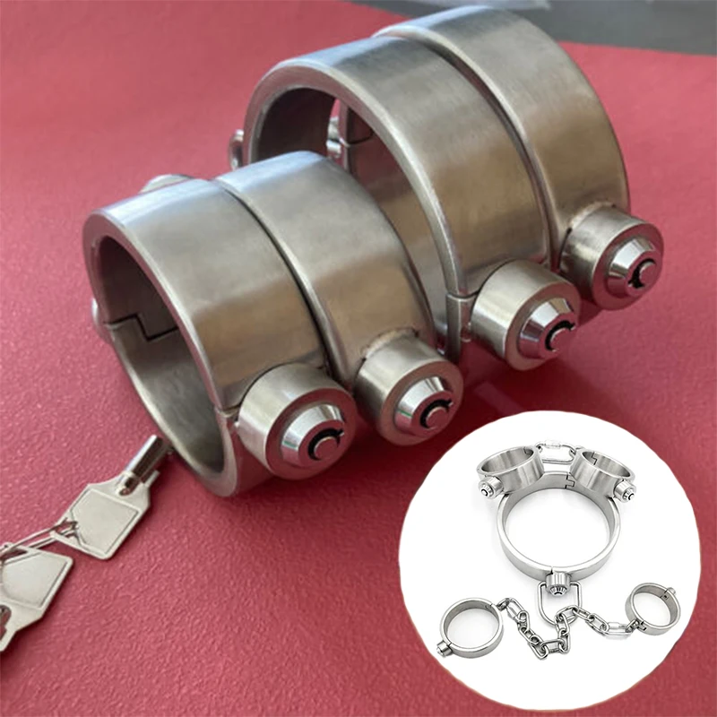 HotX Female Stainless Steel Heavy Press Lock Handcuffs with Collar Slave BDSM Restraints Adults ...