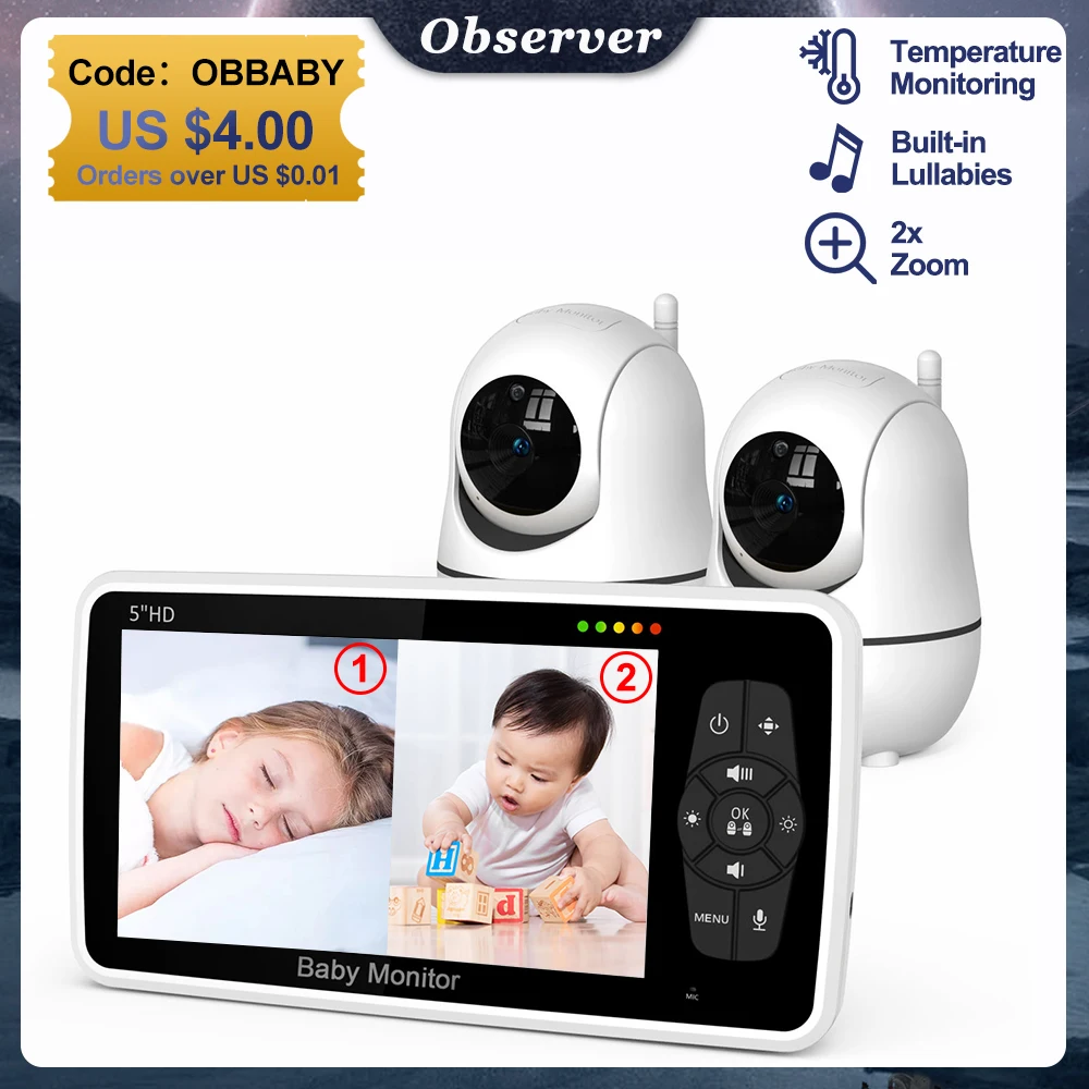 5 Inch Video Baby Monitor with Two Camera and Audio, PTZ Zoom, Night ...